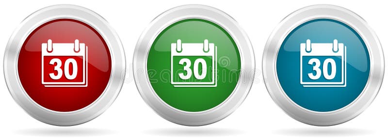 Calendar Vector Icon Set. Red, Blue and Green Silver Metallic Web ...