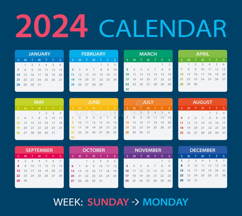 2024 Calendar - Vector Illustration, Sunday To Monday Stock Vector ...