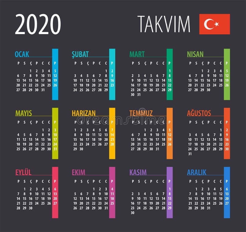 2020 Calendar - Vector Illustration. Template. Mock Up. Turkish Version ...