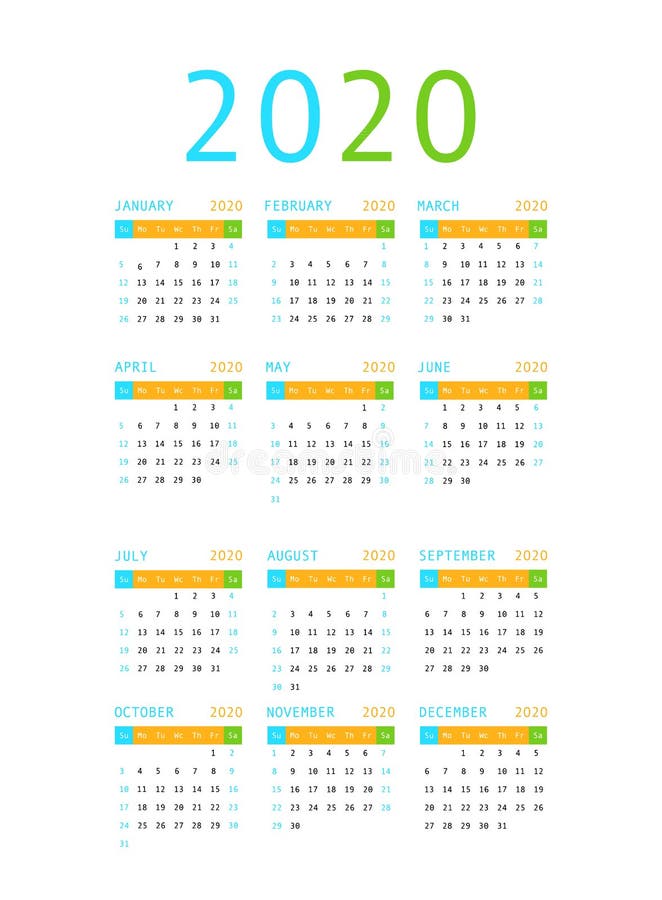 Calendar 2020 Vector Pocket Basic Grid. Stock Vector - Illustration of ...