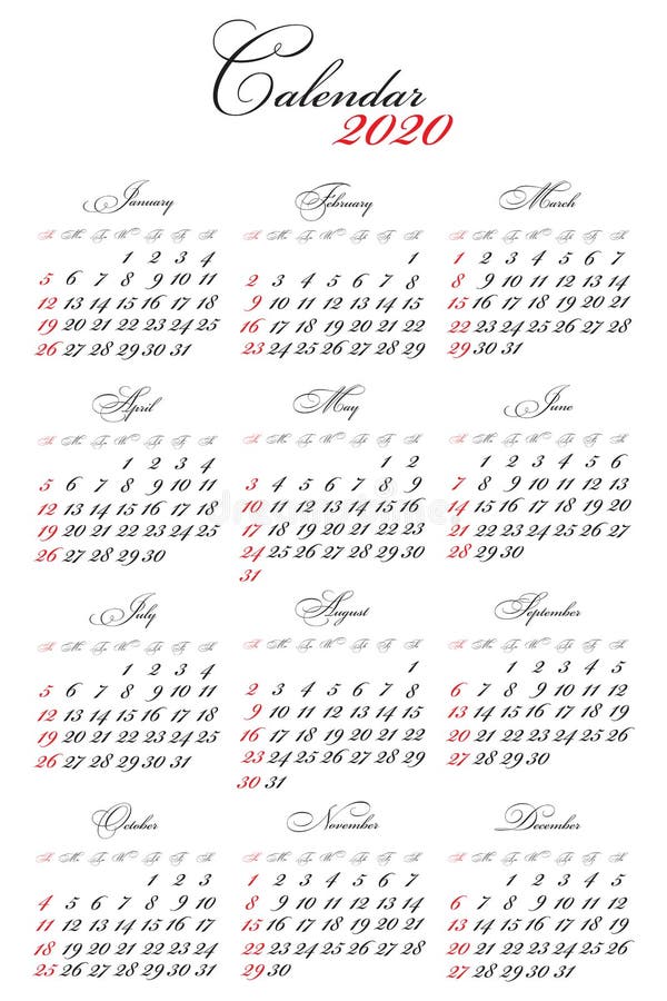 Calendar 2020 Vector Pocket Basic Grid. Simple Design Template. 2020 ...