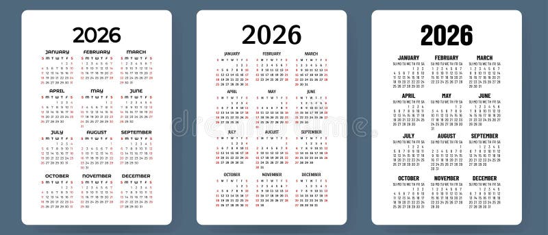 Calendar 2026 Vector Set. Pocket Calender Collection. Week Starts on ...