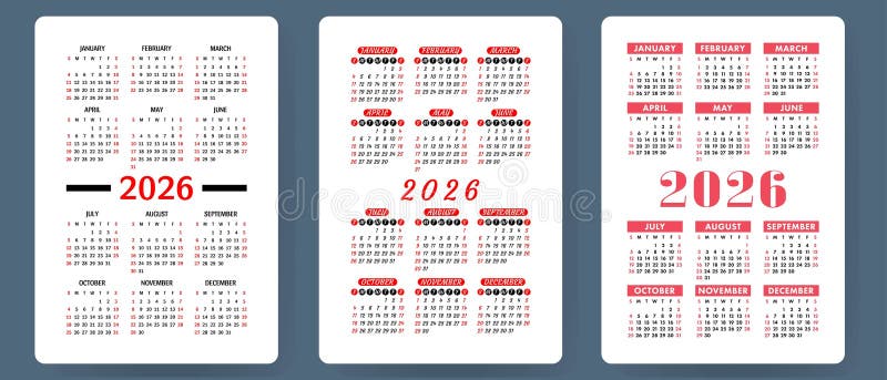 Calendar 2026 Vector Set. Pocket Calender Collection. Week Starts on ...