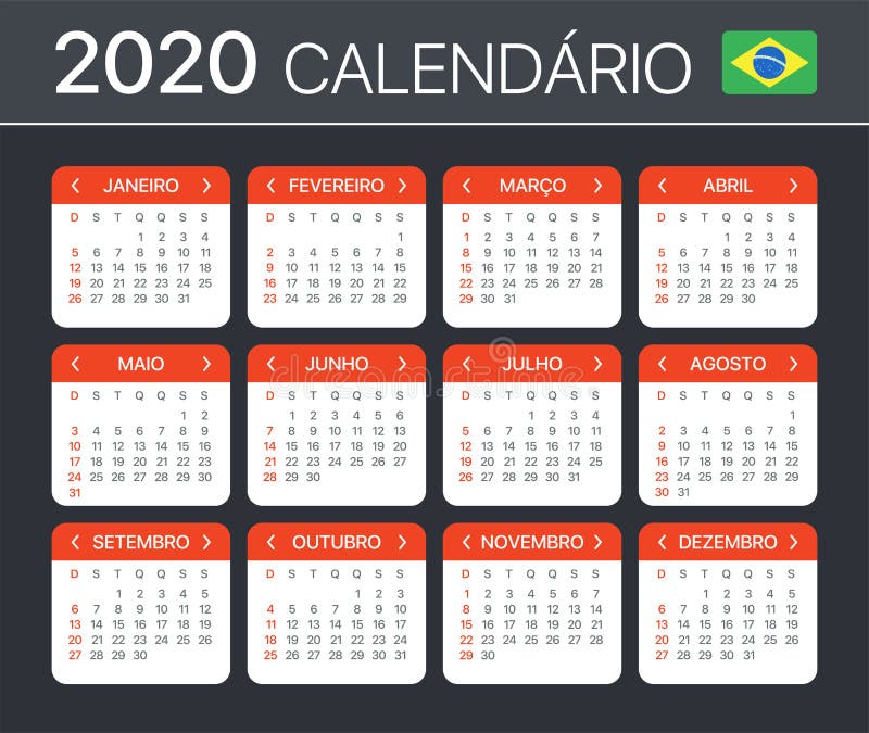 2020 Calendar - Vector Template Illustration - Brazilian Version Stock ...