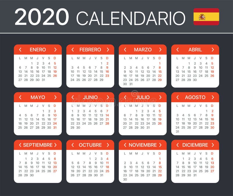 2020 Calendar - Vector Template Illustration - Spanish Version Stock ...