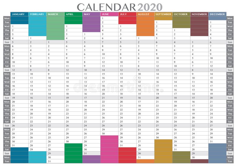 Calendar 2020 with Vertical Coloured Rows Stock Vector - Illustration ...
