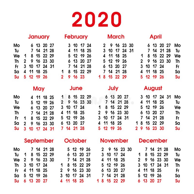 2020 Calendar. Vertical Grid Stock Vector - Illustration of saturday ...
