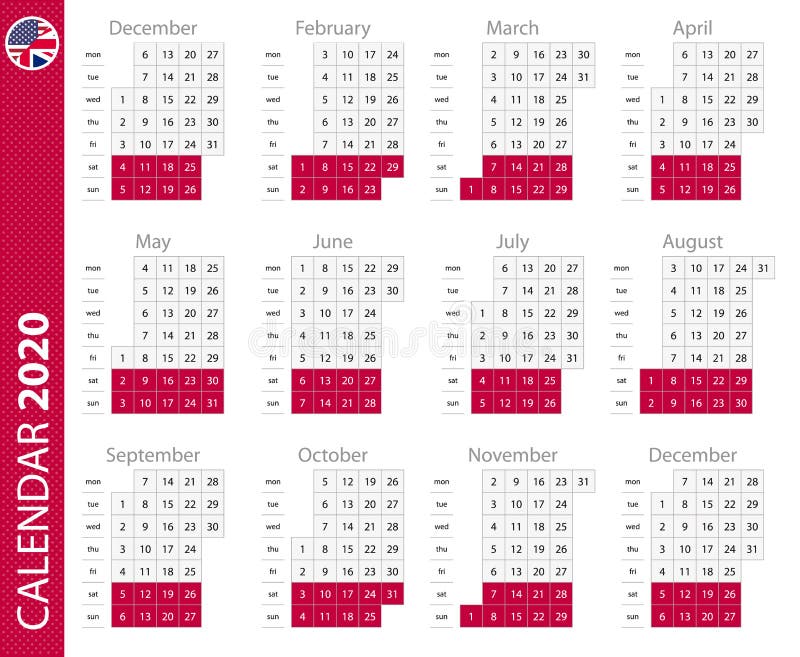 2020 Calendar with Vertical Grid. Vector Calendar Stock Vector ...