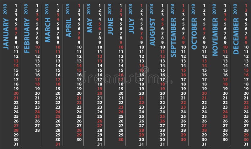 2018 Calendar with Vertical Rows, Vector Design Calendar Starts Monday ...