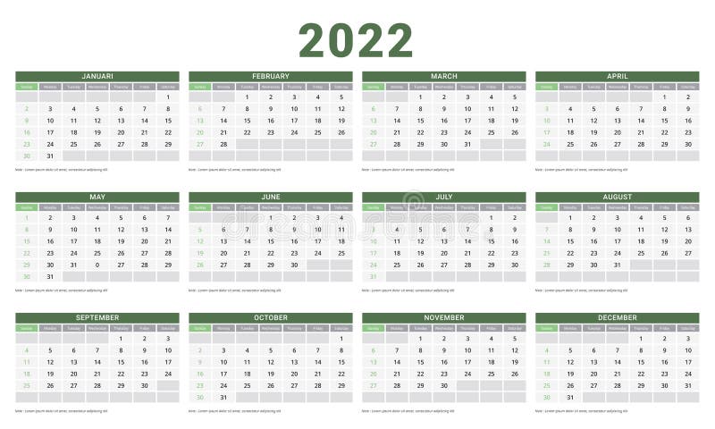 Calendar 2022 Week Start Sunday Corporate Design Planner Template Stock ...