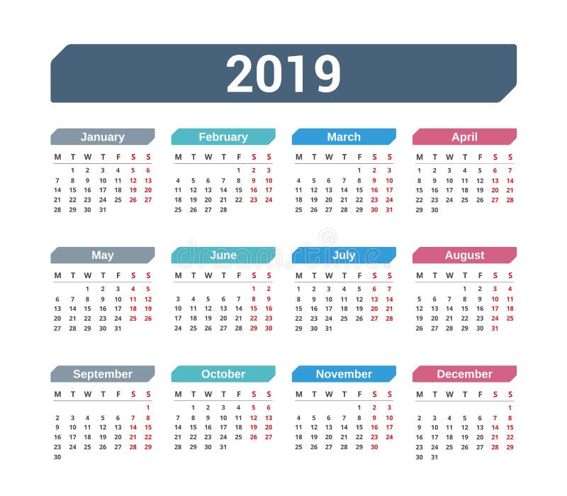 2019 Calendar stock vector. Illustration of design, template - 121178946