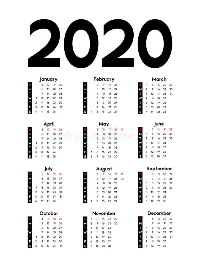 Calendar 2020, Week Starts on Sunday, Basic Business Template Stock ...