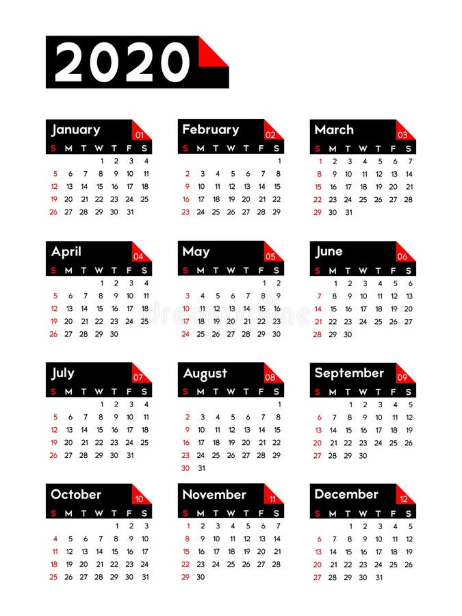 Calendar 2020, Week Starts on Sunday, Basic Business Template Stock ...