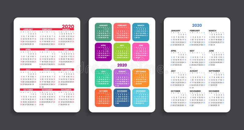 Calendar 2020. Week Starts on Sunday. 3 Different Grids in Portrait ...