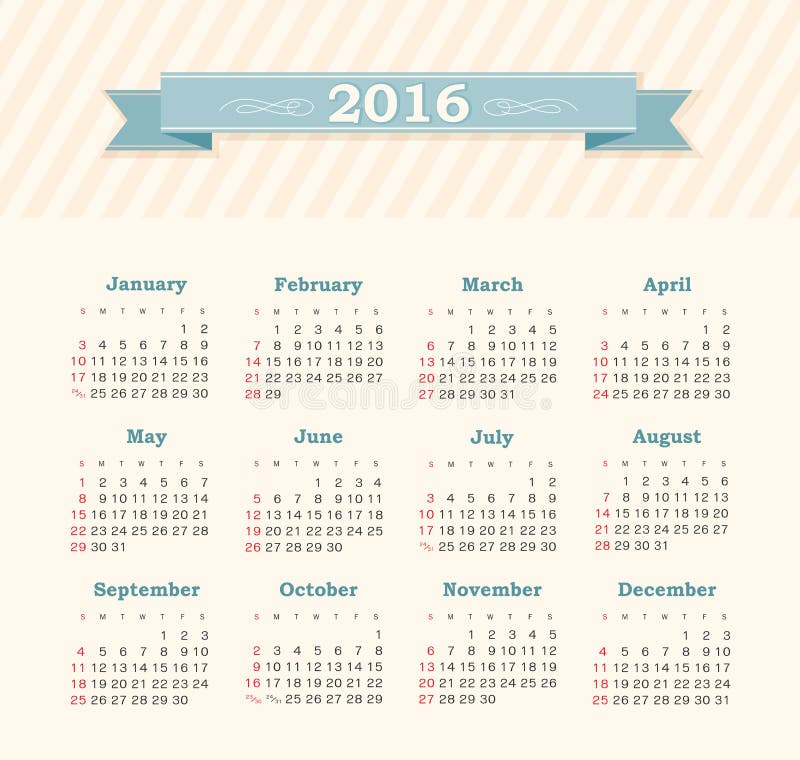 Calendar for 2016. Week Starts Sunday Stock Vector - Illustration of ...