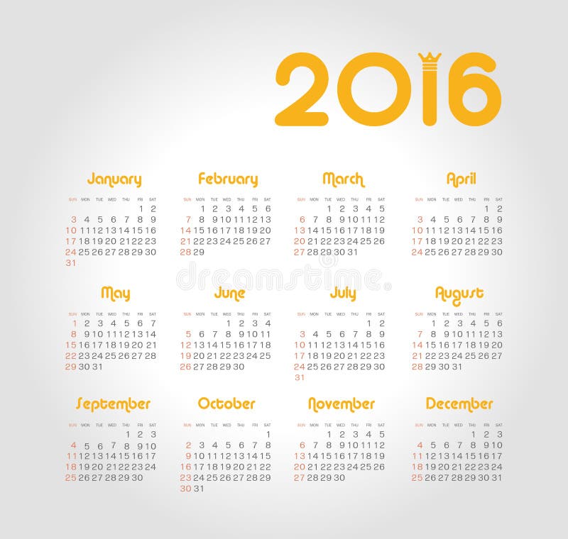 Calendar for 2016. Week Starts Sunday. Stock Vector - Illustration of ...