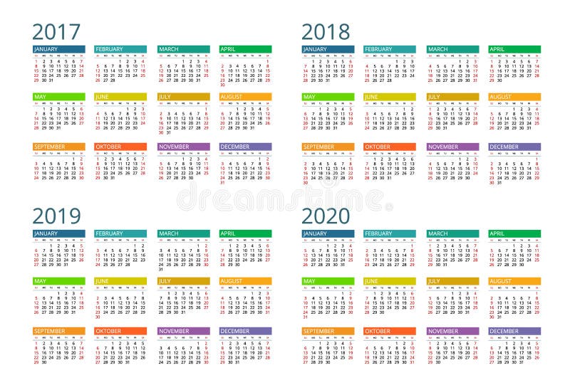 Calendar for 2017, 2018, 2019, 2020. Week Starts Sunday. Simple Vector ...