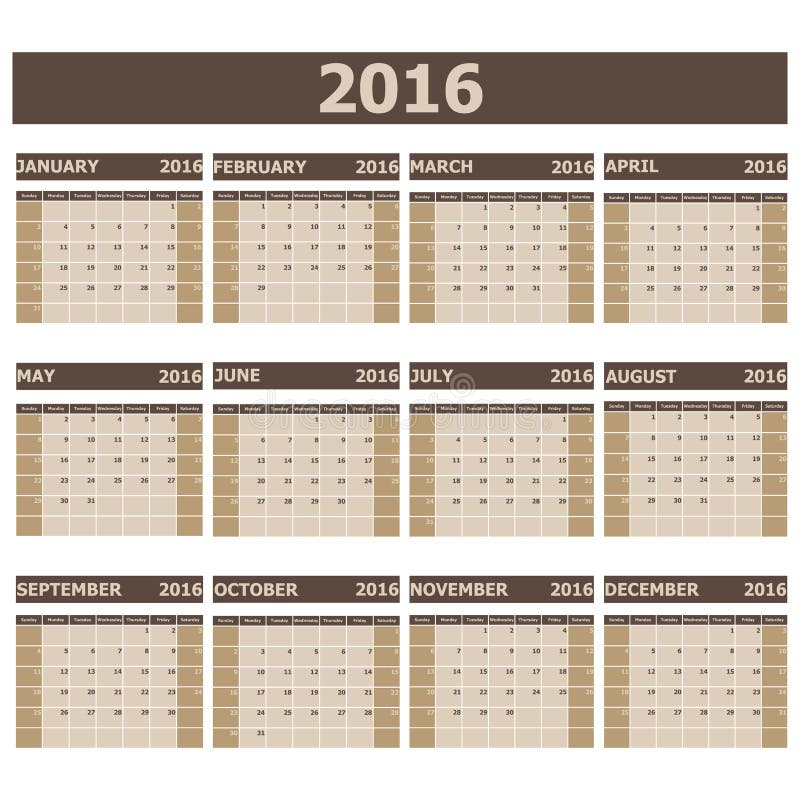 2016 Calendar Week Starts from Sunday Stock Vector - Illustration of ...