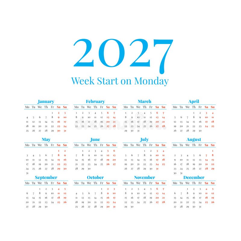 2027 Calendar with the Weeks Start on Monday Stock Vector ...