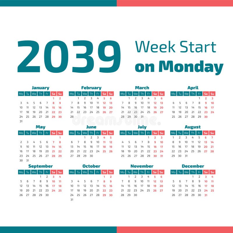 2039 Calendar with the Weeks Start on Monday Stock Vector ...