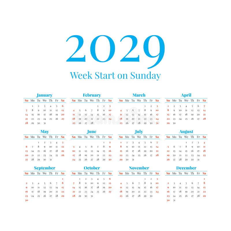 Simple 2029 year calendar stock vector. Illustration of planner - 117357091