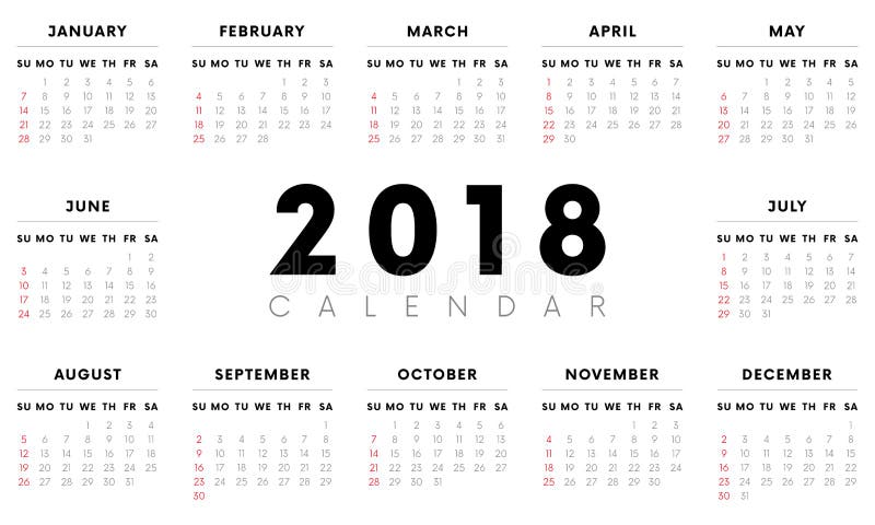 Calendar 2018. Weeks Start with Sunday. Vector Illustration. Stock ...