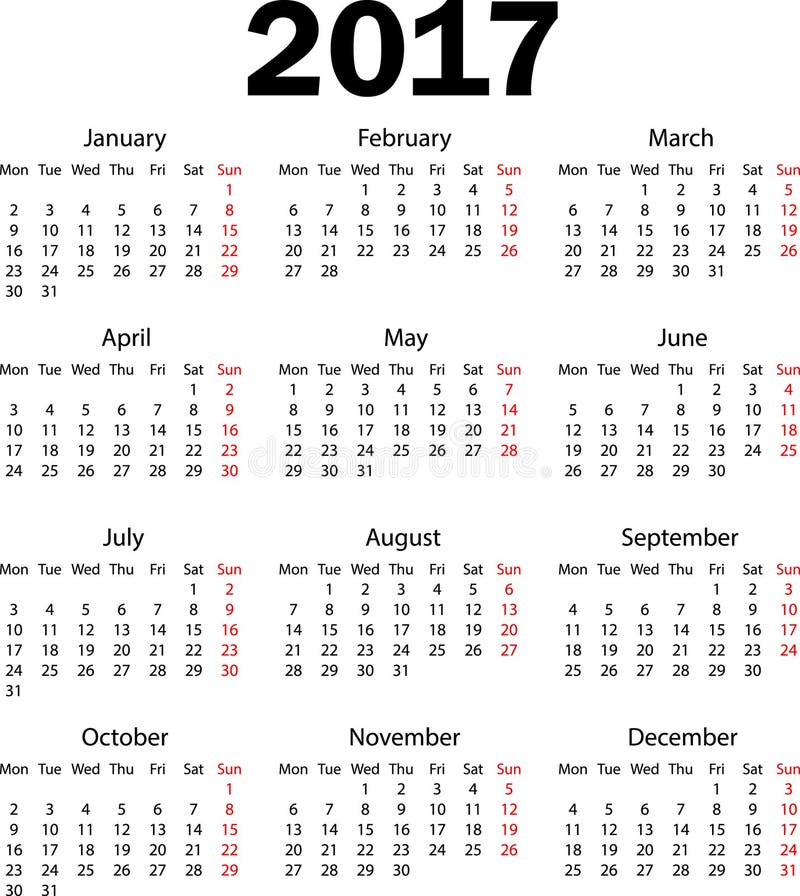 Calendar 2017. Weeks Starts from Sunday Stock Vector - Illustration of ...