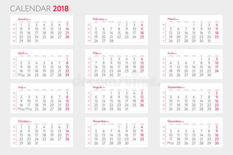 Calendar 2018 with Weeks Template. Starts Monday Stock Vector ...