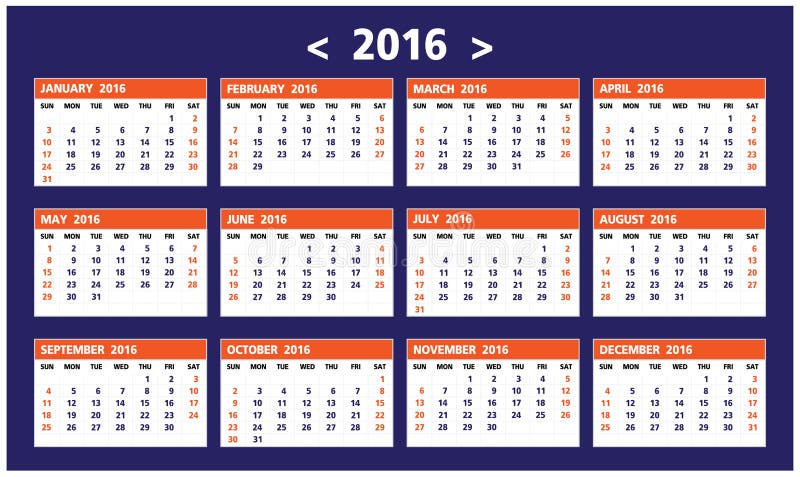 Calendar of 2016 stock vector. Illustration of calendar - 61285602