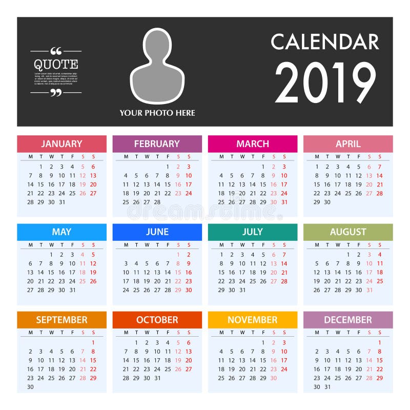 Pastel Color Calendar for 2019 Template Design. Week Starts Monday ...