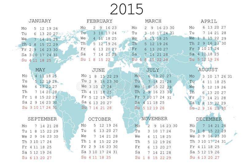 2015 Calendar with World Map Stock Illustration - Illustration of march ...