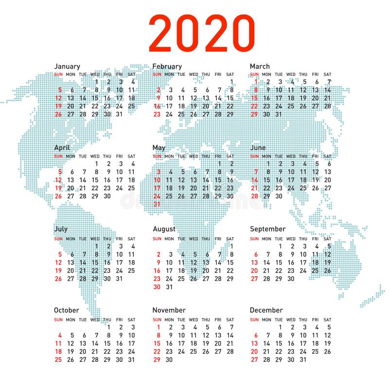 Calendar 2020 with World Map. Week Starts on Sunday Stock Vector ...