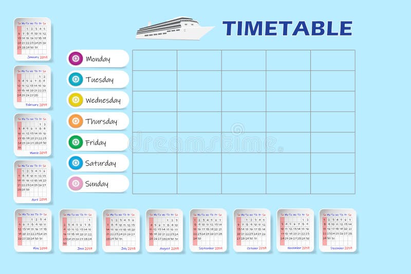 Calendar for Year 2019 and Blank Weekly Shipping Timetable Stock Vector ...