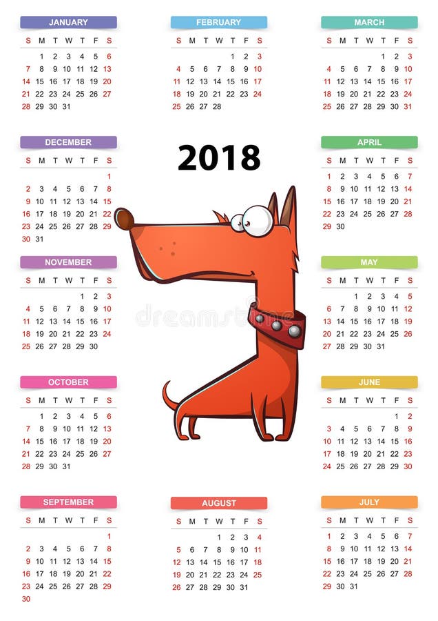 Calendar 2018 Year, Cartoon Funny, Cuty Dog Stock Vector - Illustration ...