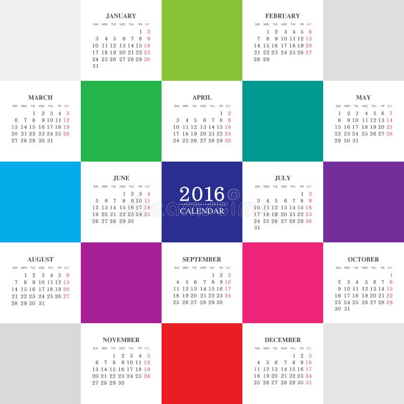 Calendar 2016 Year with Colored Square Stock Vector - Illustration of ...