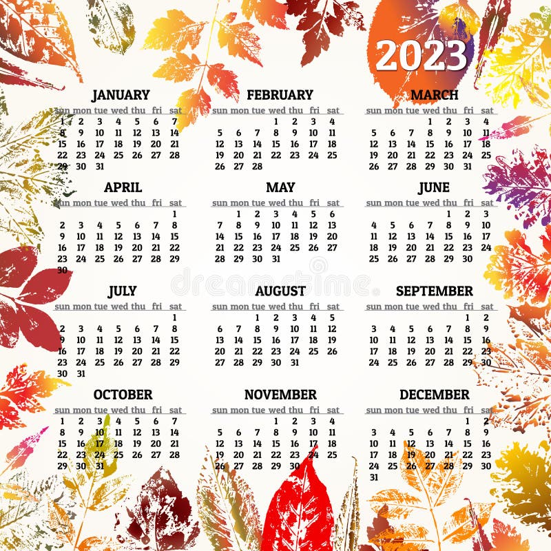 Calendar for 2023 Year with Colorful Autumn Leaves Vector Stock Vector ...