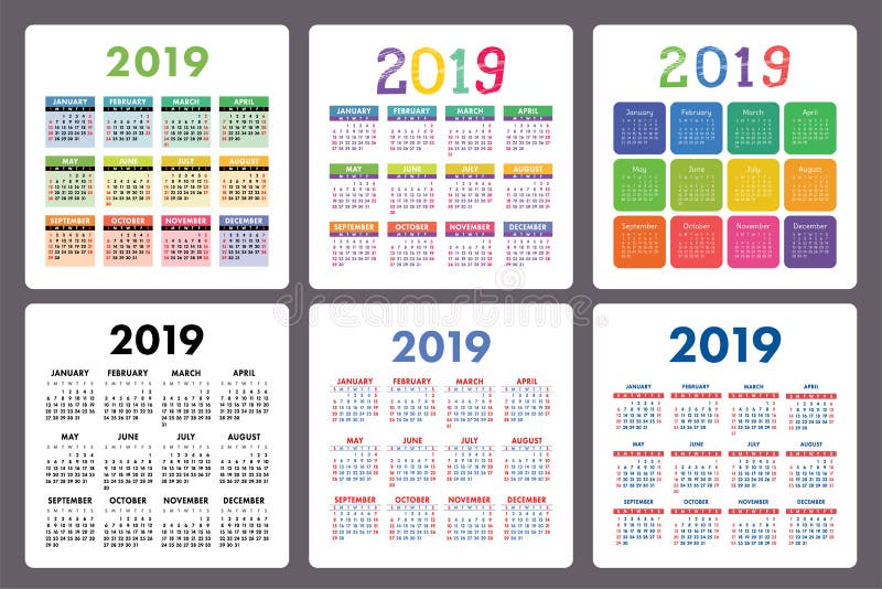 Calendar 2019 Year. Colorful English Set. Week Starts on Sunday. Vector ...