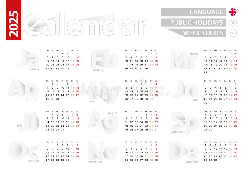Calendar for 2025 Year in English Language, Gray Vector Calendar Stock ...