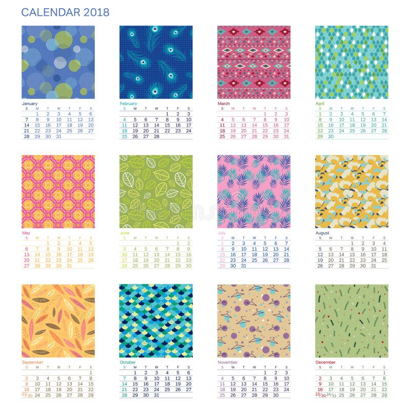 Calendar 2018 with Different Patterns Stock Vector - Illustration of ...
