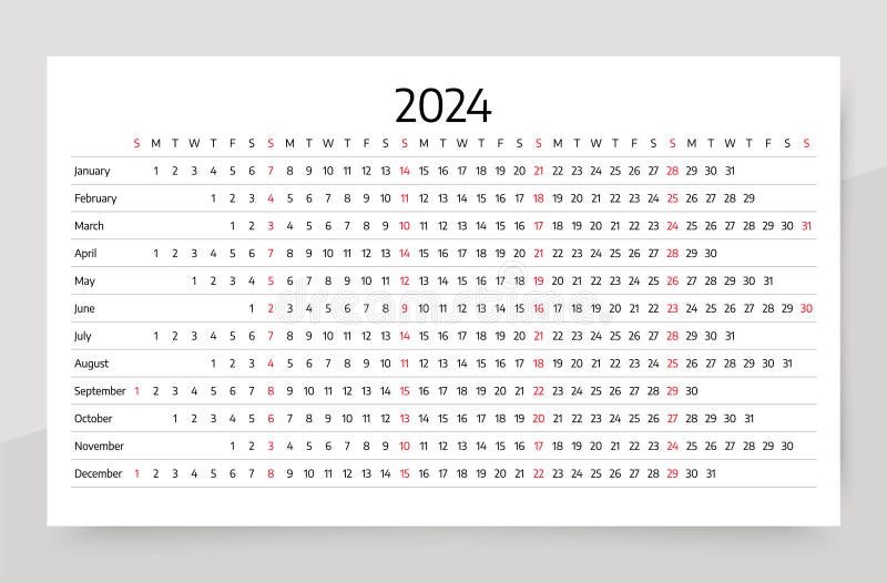 Calendar 2024 Year. Linear Planner Template. Horizontal Yearly Calender ...