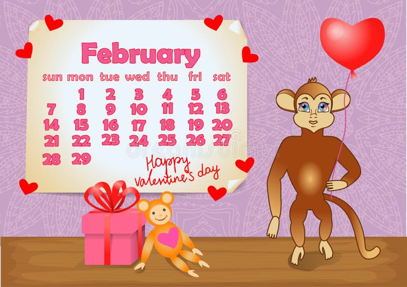 Calendar 2016 Year with Monkey. February Stock Vector - Illustration of ...