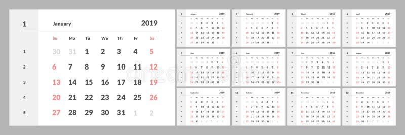 The Calendar for the 2019 New Year Printable Stock Vector ...