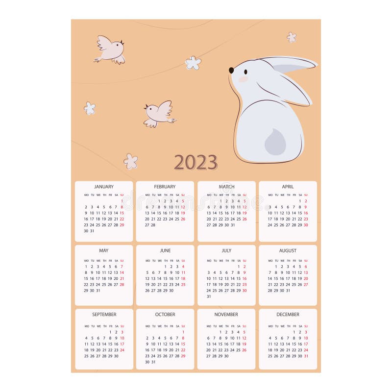 Calendar of 2023 Year with Rabbit and Birds Stock Vector - Illustration ...