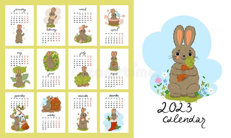 Calendar for 2023 Year of the Rabbit with Cute Characters. Vector ...
