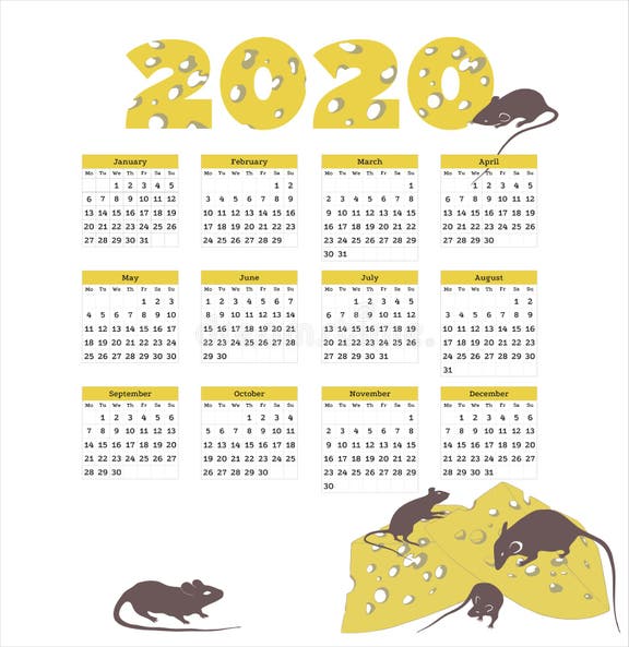 2020 Calendar, Year of the Rat, Calendar with Rats Stock Illustration ...