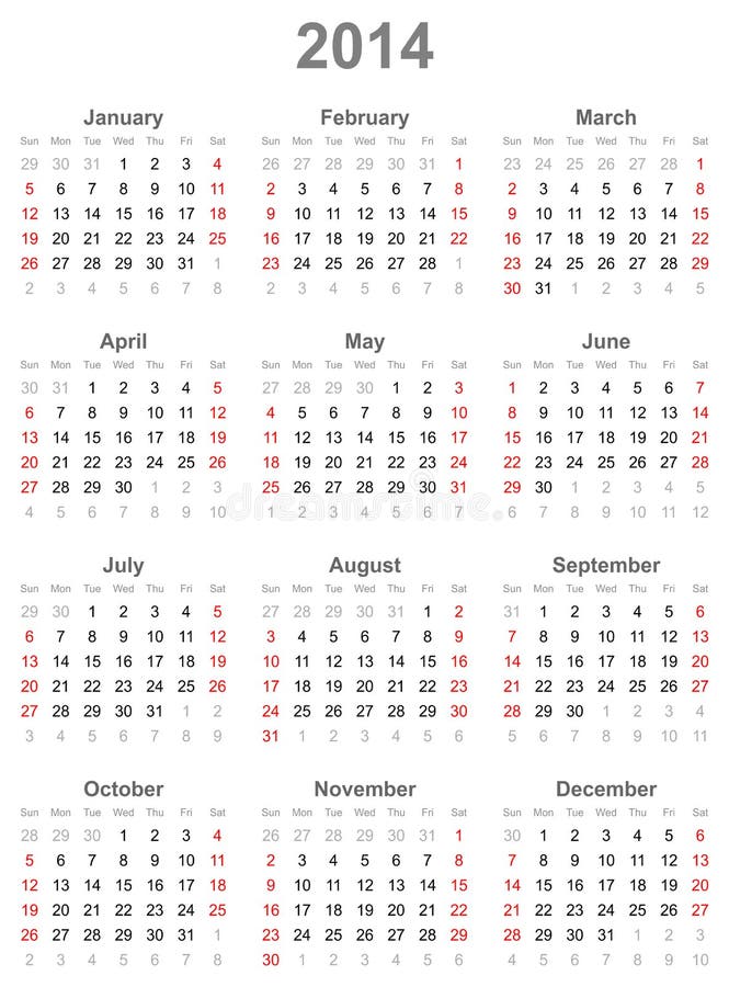 Calendar for the year 2014 stock vector. Illustration of week - 37448915