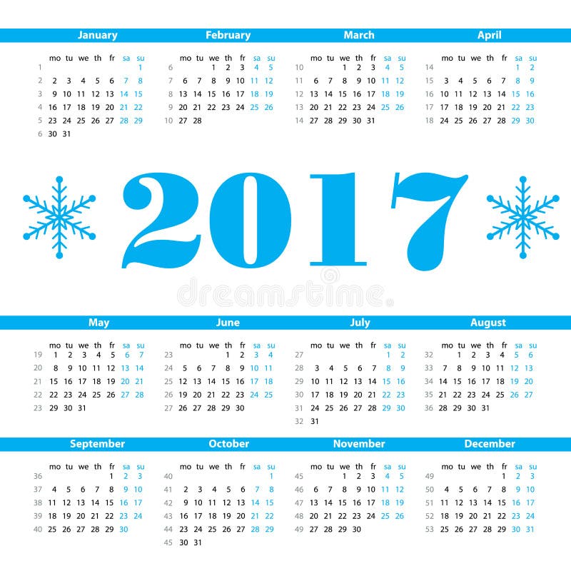 Calendar 2017 Year Vector Design Template with Week Numbers Stock ...