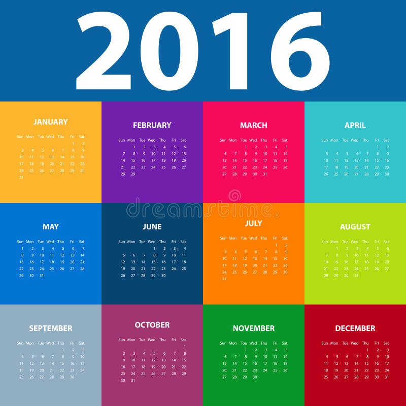 Calendar for the year 2016 stock vector. Illustration of number - 60681096
