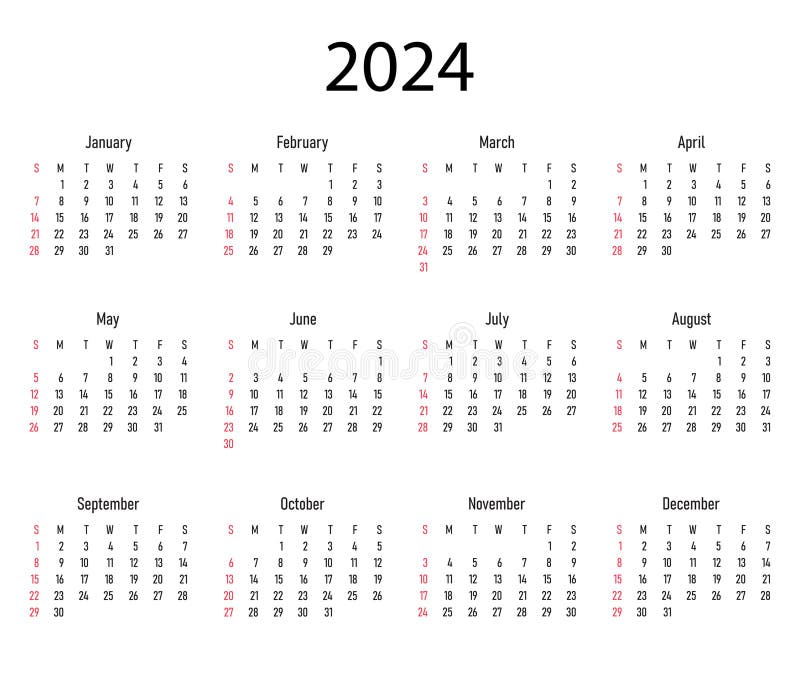 Calendar 2024 Year. Vector Illustration. the Week Starts on Sunday ...