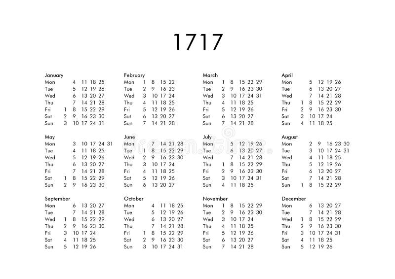 Calendar of year 1717 stock illustration. Illustration of date - 162828696